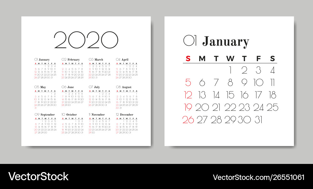 Calendar 2020 design template Royalty Free Vector Image