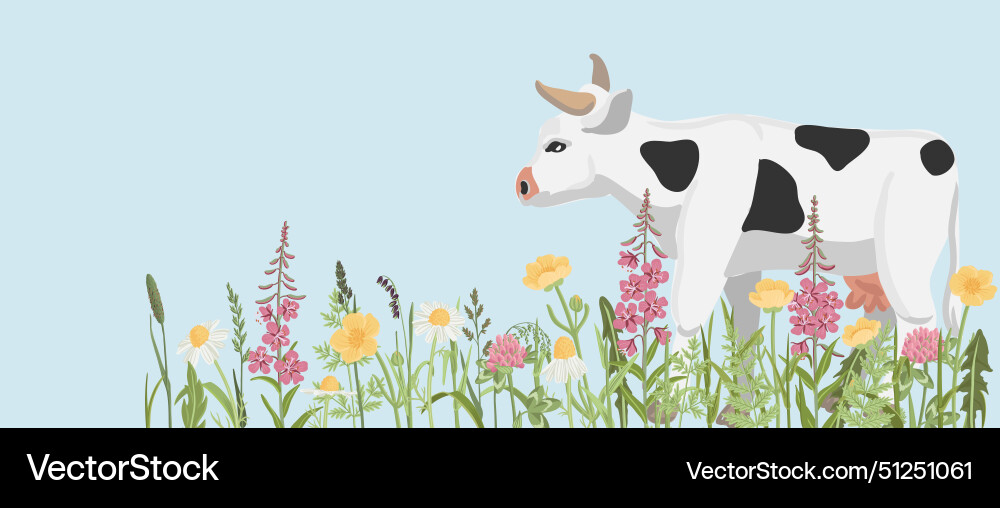 Drawing wild flowers and cow Royalty Free Vector Image