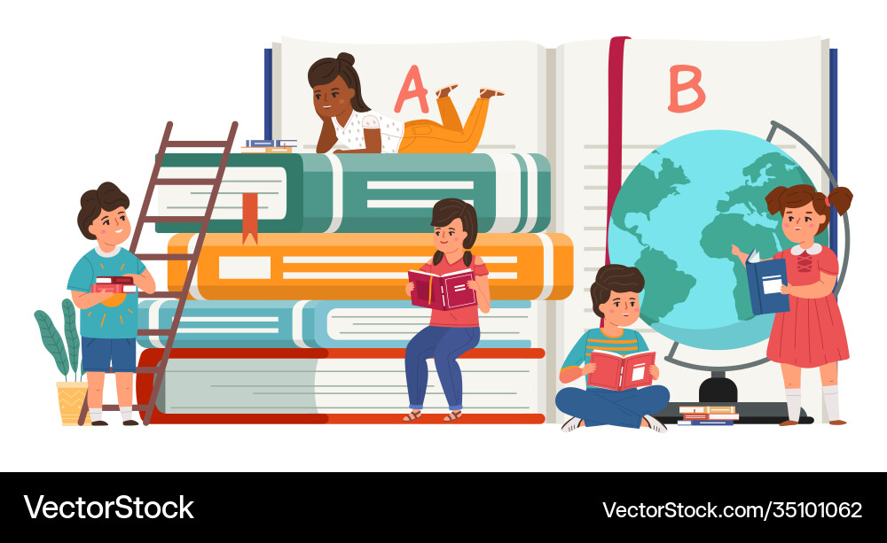 Kids Reading Stack of Books Royalty Free Vector Image