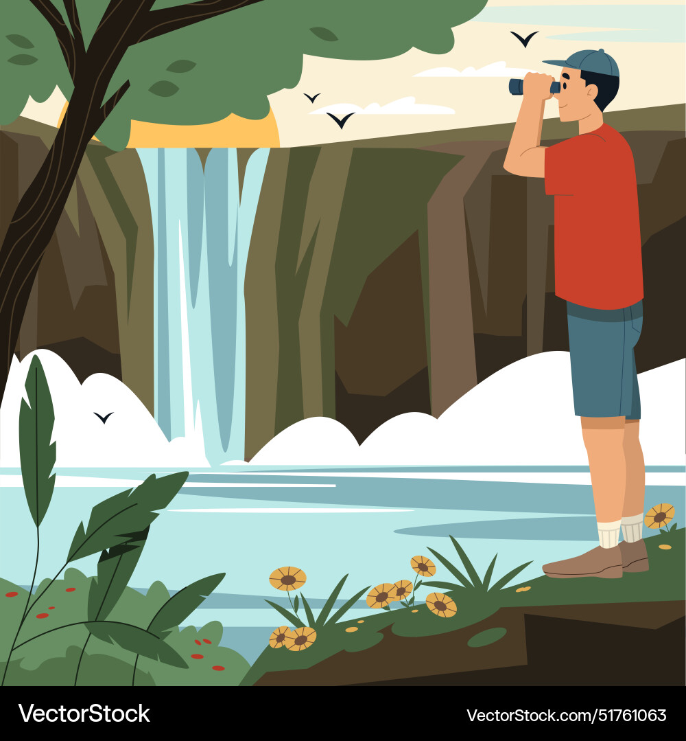 A man is observing waterfall through pair Vector Image
