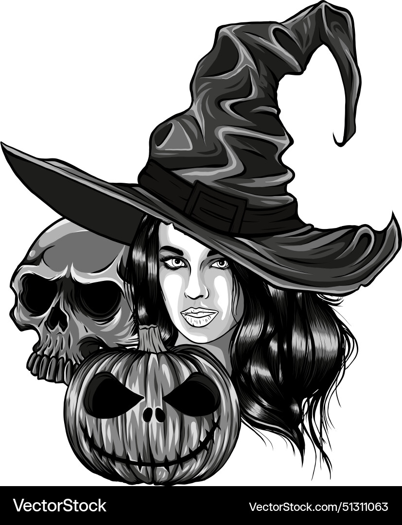 Of monochrome witch with skull Royalty Free Vector Image