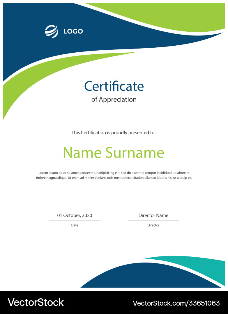 Vertical blue and green waves certificate design Vector Image