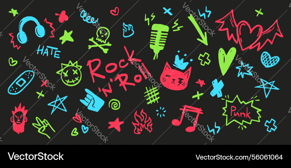 Neon punk rock doodle icons Royalty Free Vector Image