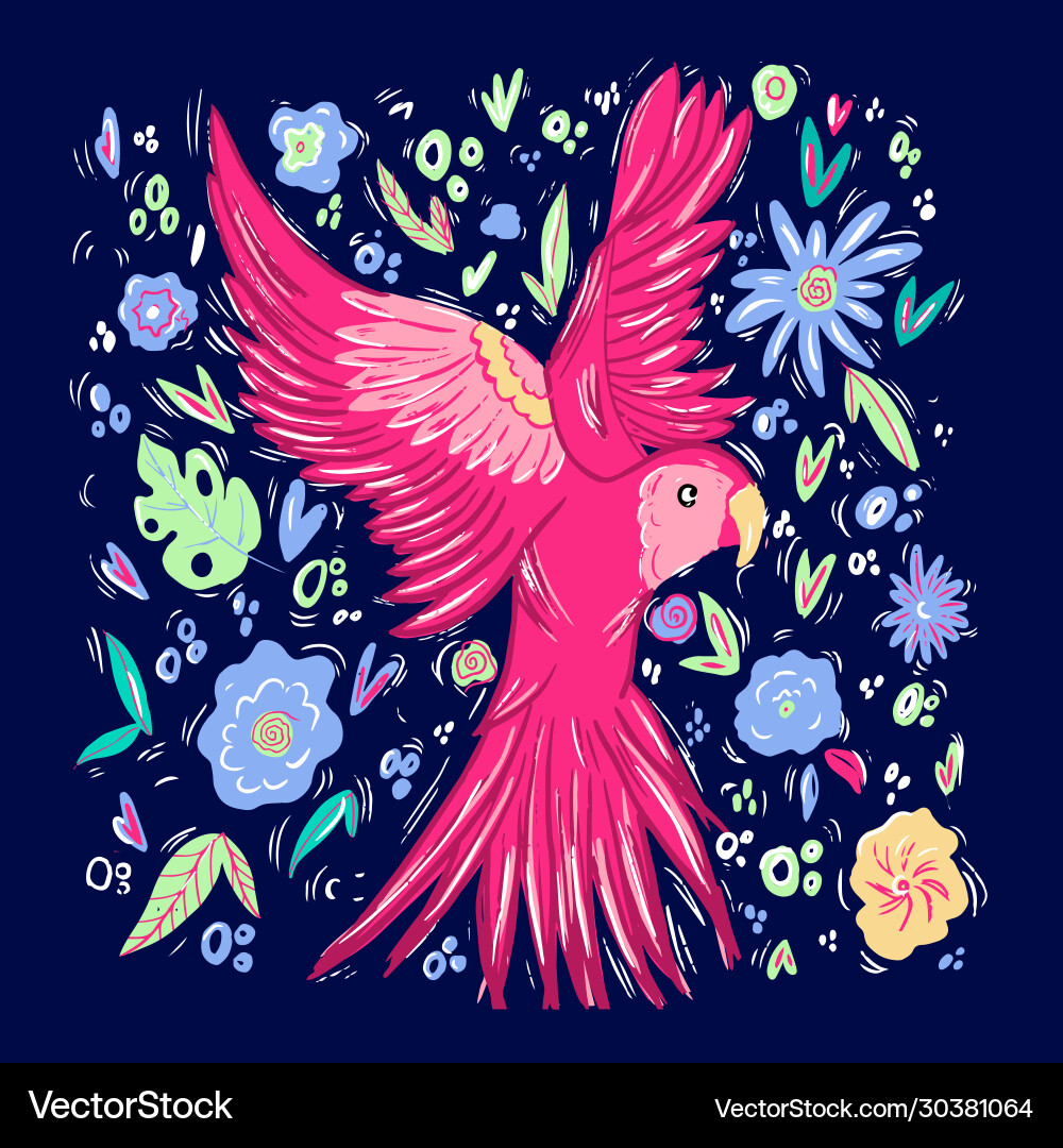 Pink parrot doodle hand drawn flat cartoon Vector Image