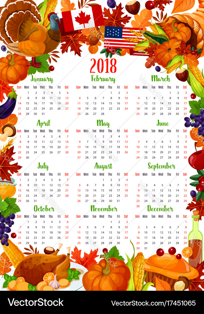 Calendar template with thanksgiving holiday frame Vector Image
