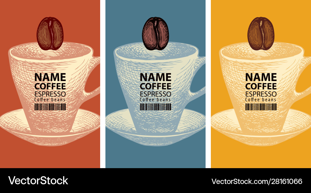 Coffee labels with cups beans and barcodes Vector Image