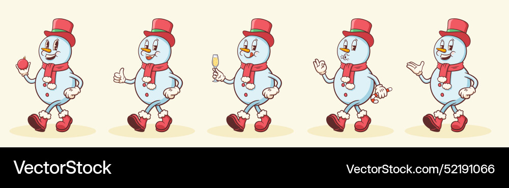 Groovy christmas retro snowman characters set Vector Image