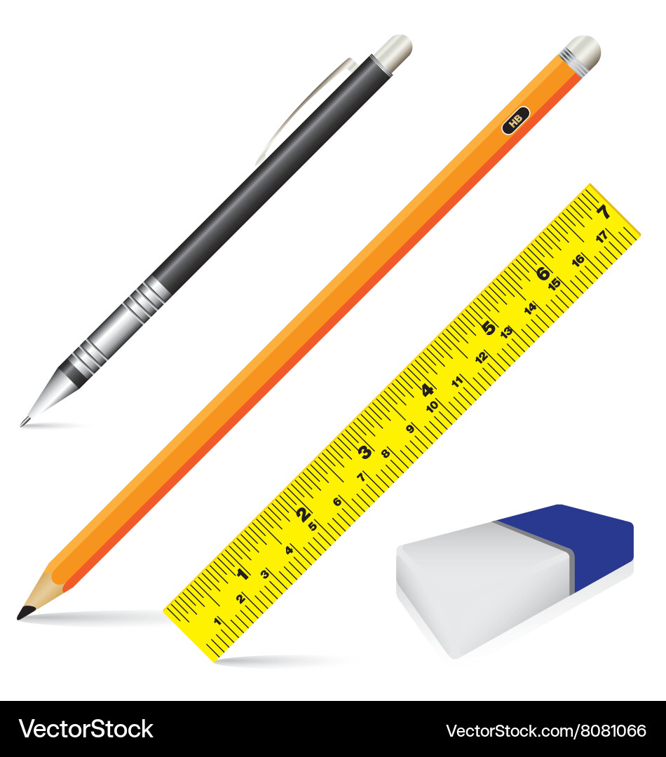 Pencil eraser ruler and pen isolated on white Vector Image
