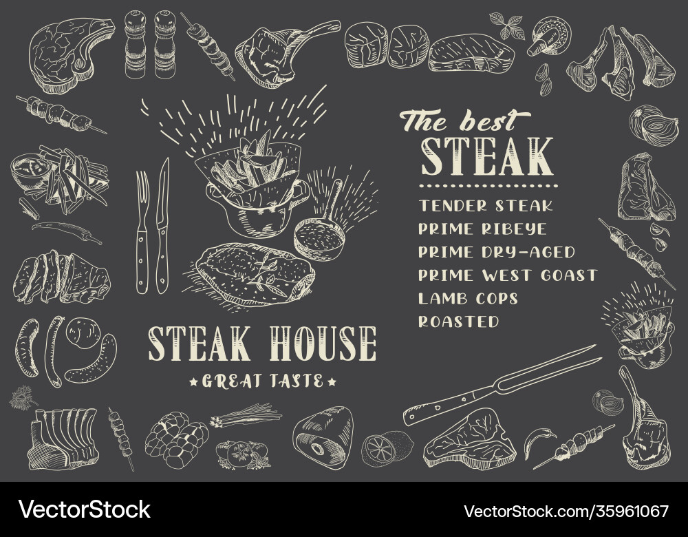 Steak menu for restaurant and cafe food flyer Vector Image