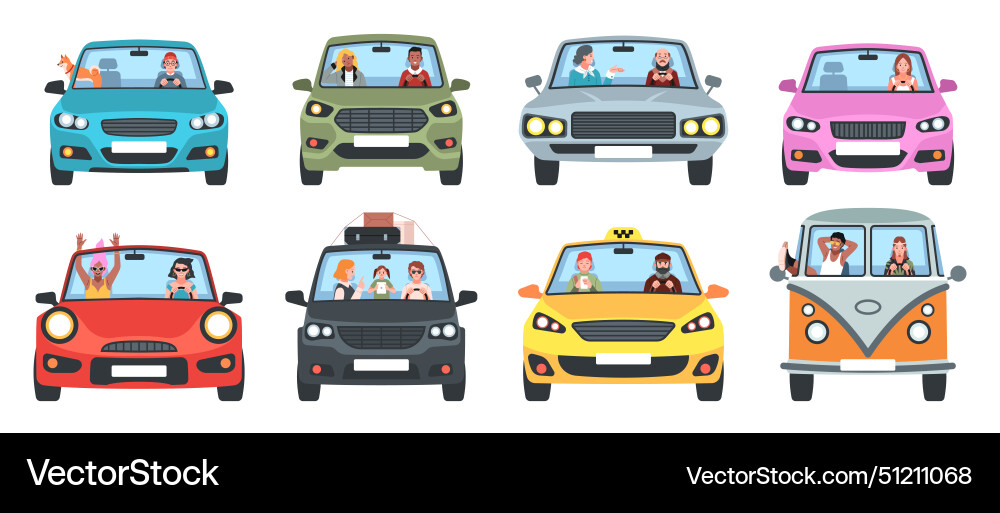 Cartoon people inside cars front view happy Vector Image