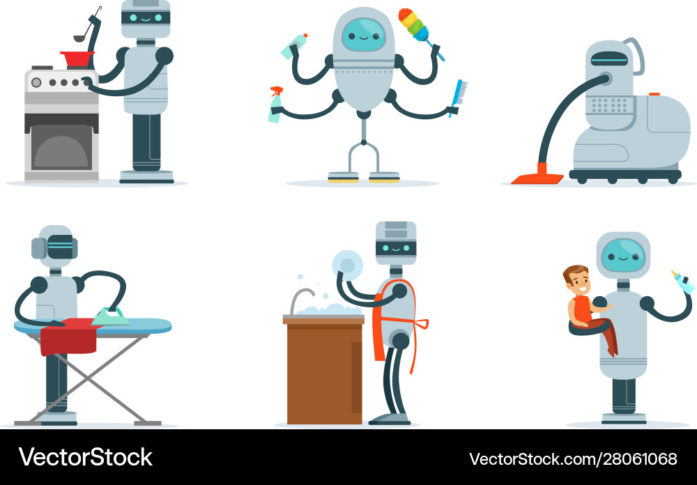 Cartoon robots help around house Royalty Free Vector Image