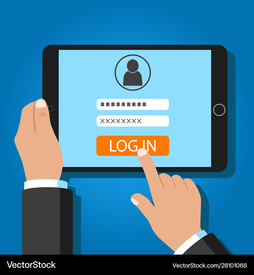 Login concepts man holding tablet pc Royalty Free Vector