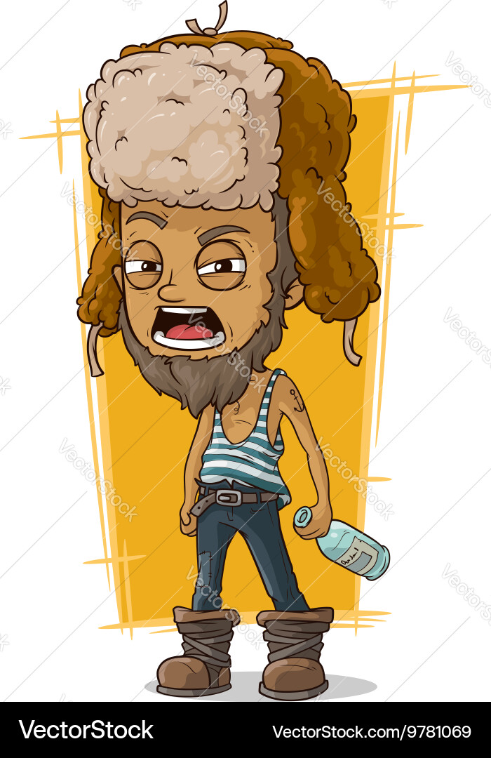 Cartoon drunk man in earflaps with bottle Vector Image