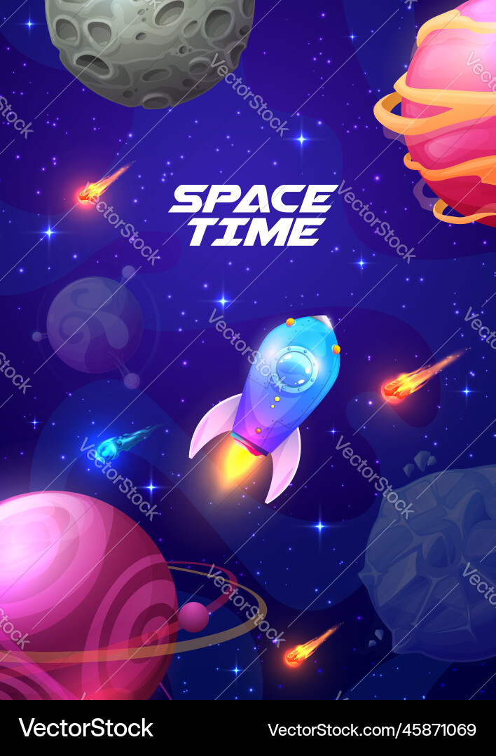 Cartoon space landscape with rocket spaceship Vector Image