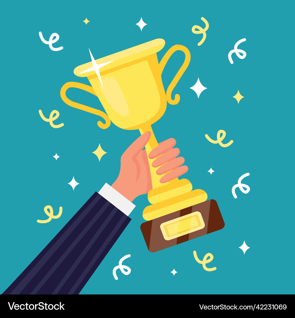 First place prize champion trophy with hand Vector Image