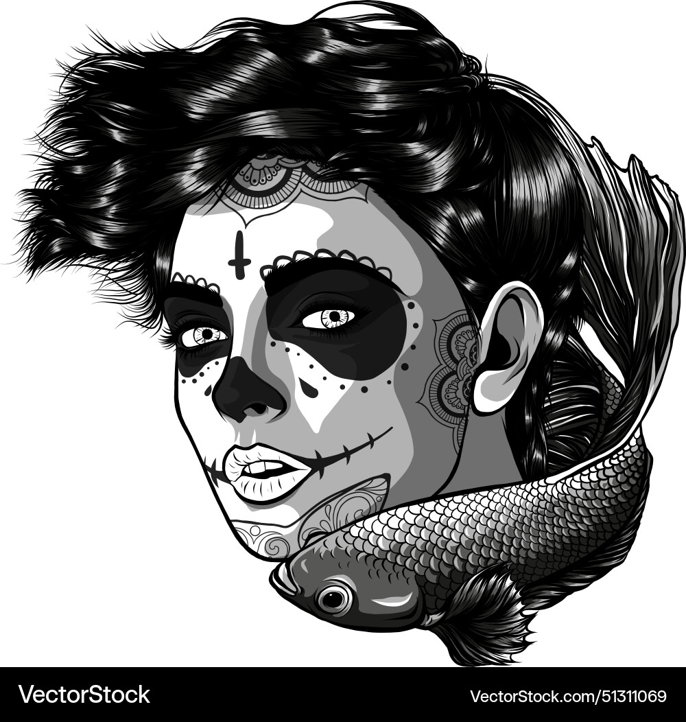 Monochrome girl with fish Royalty Free Vector Image