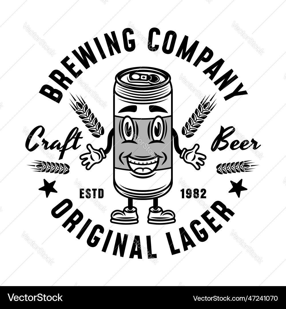 Beer can smiling character monochrome Royalty Free Vector