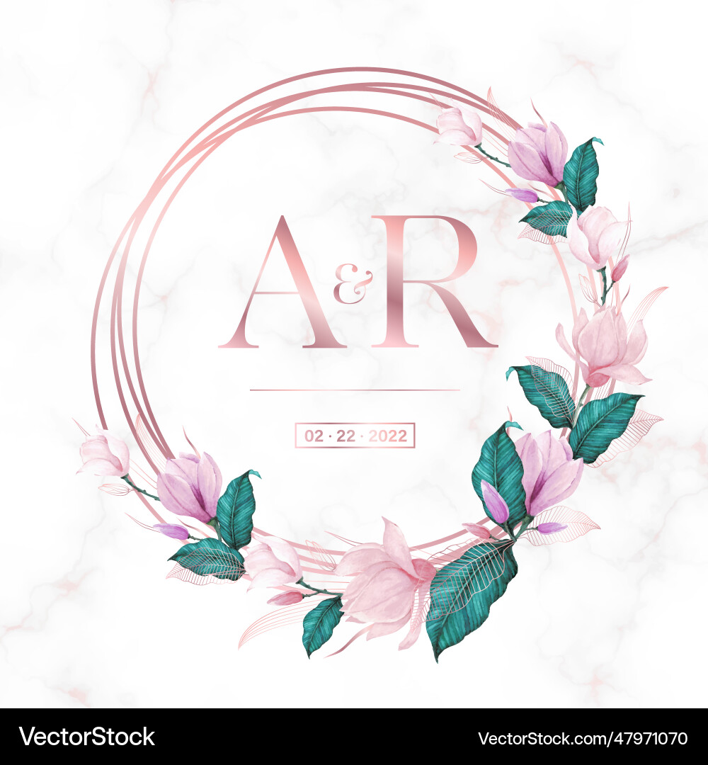 Rose gold circle frame with floral on marble Vector Image