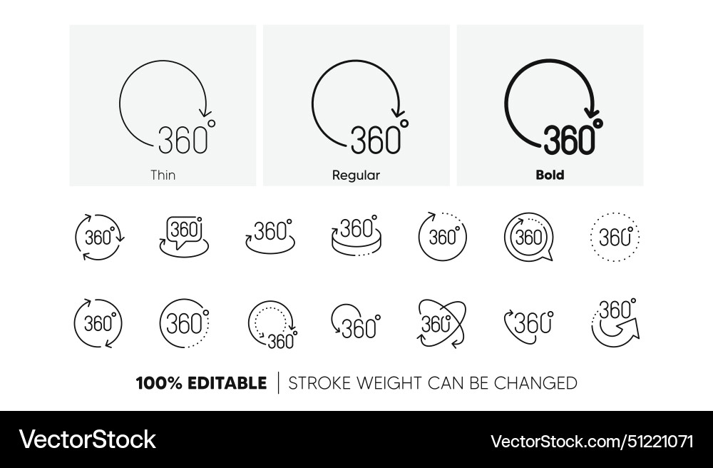 360 degrees line icons rotate arrow vr panoramic Vector Image