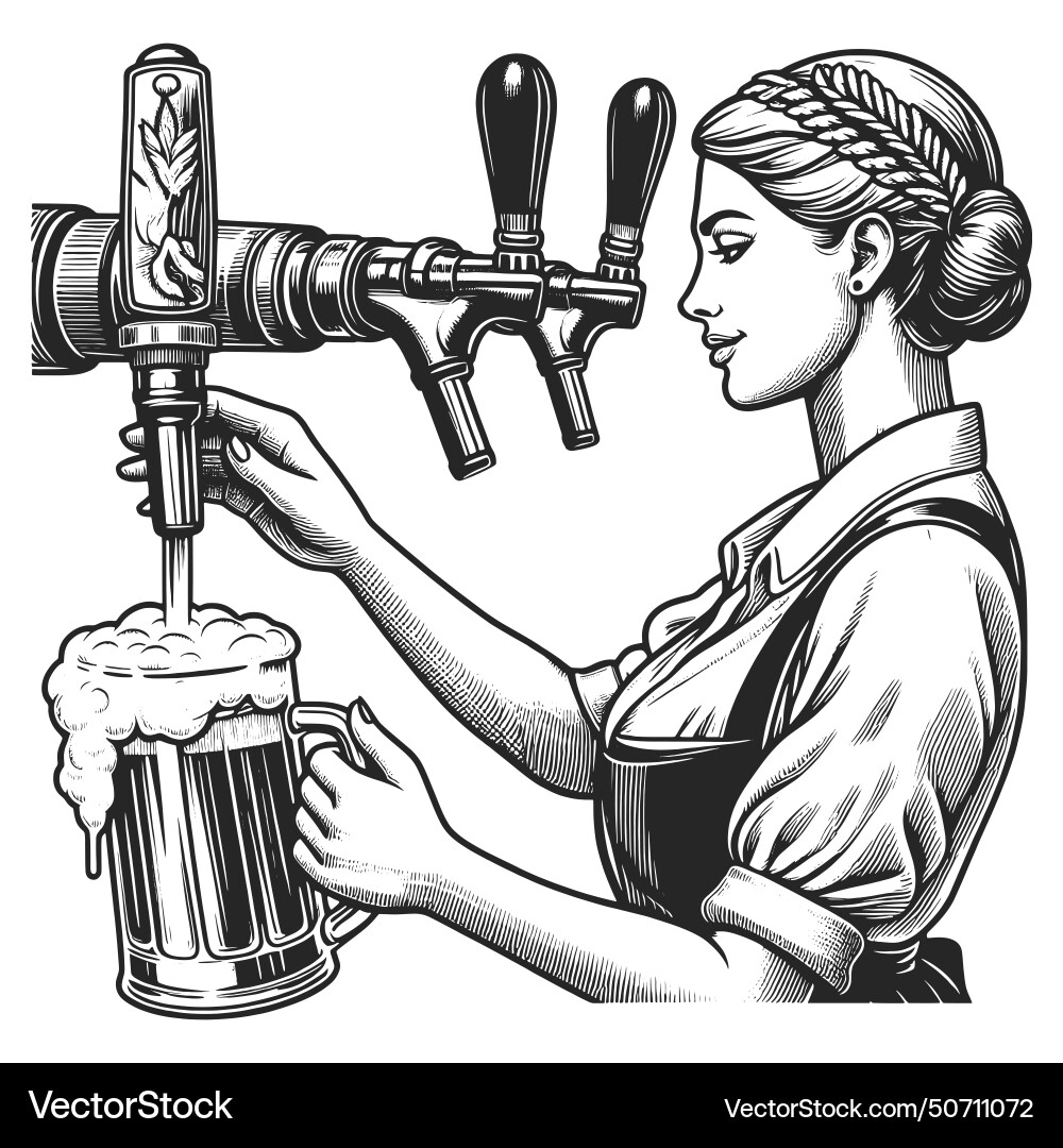 Bartender pouring draft beer engraving Royalty Free Vector
