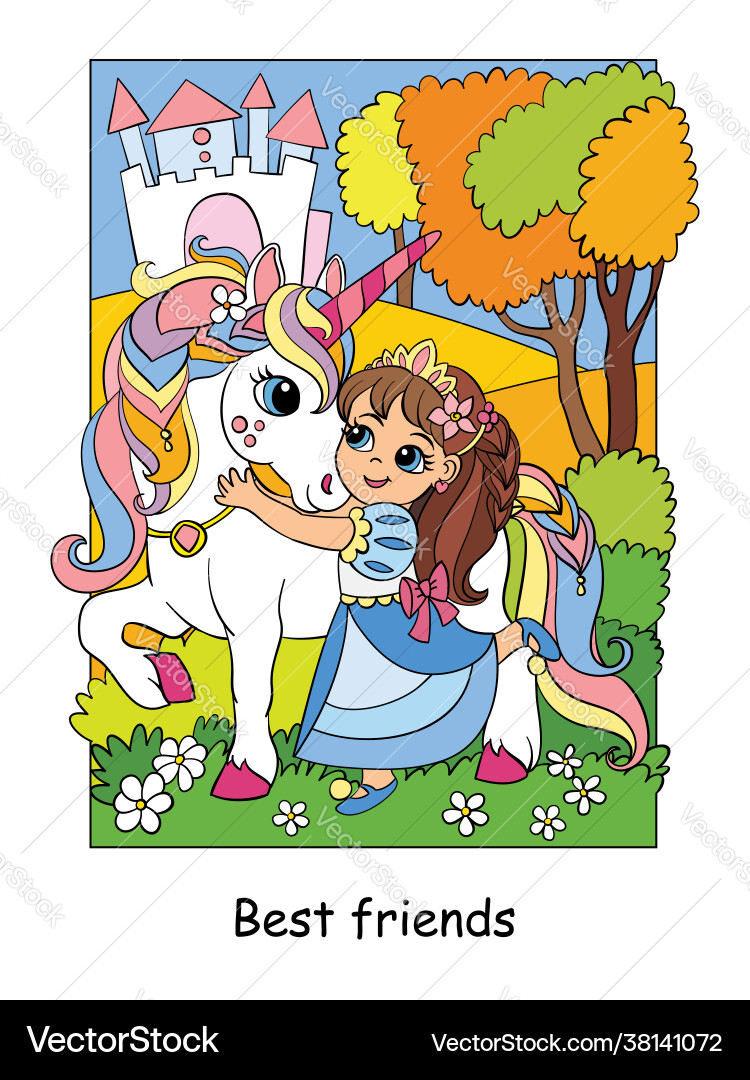 Cute princess cuddles with a unicorn Royalty Free Vector