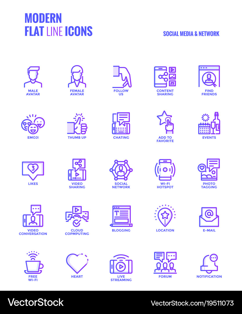 Flat line gradient icons design-social media amp Vector Image