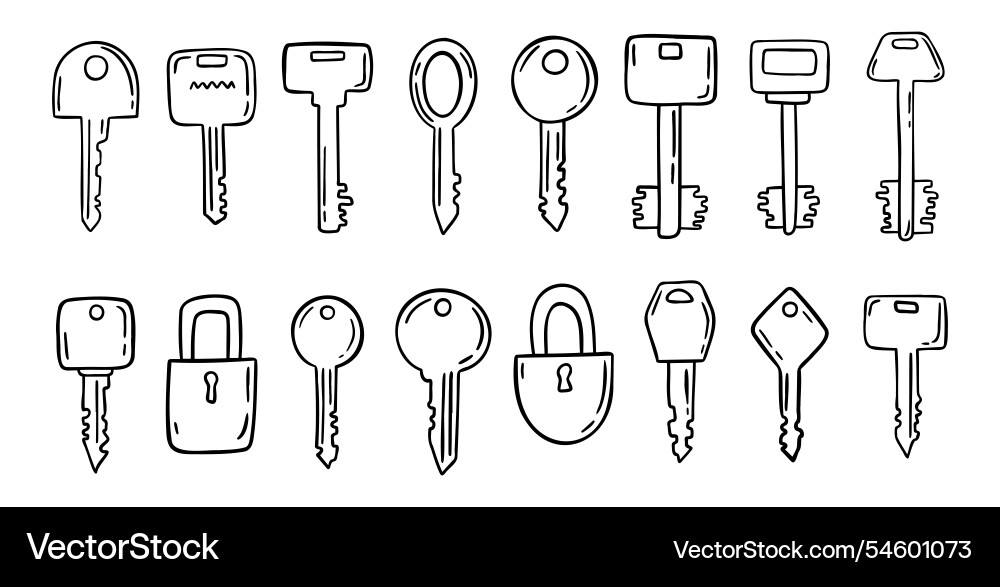 Sketch hand drawn doodle key icon set vintage Vector Image