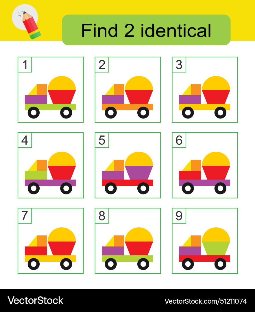 Fun puzzle game find two identical trucks Vector Image