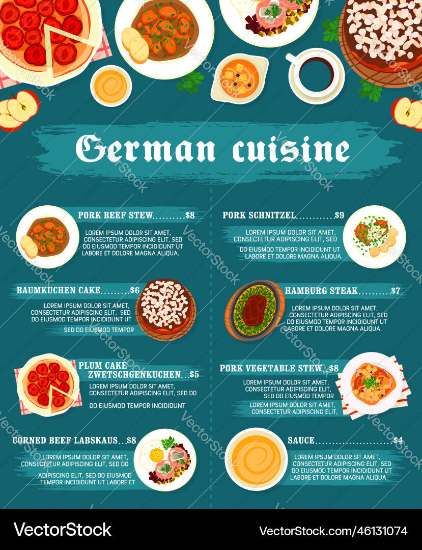 German cuisine restaurant food menu page Vector Image