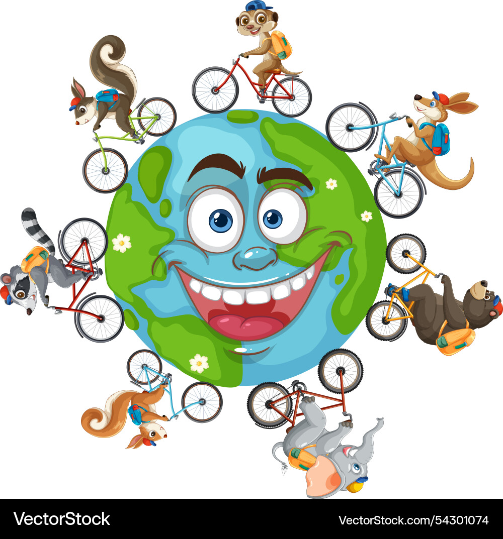 Happy animals riding bikes around a smiling earth Vector Image