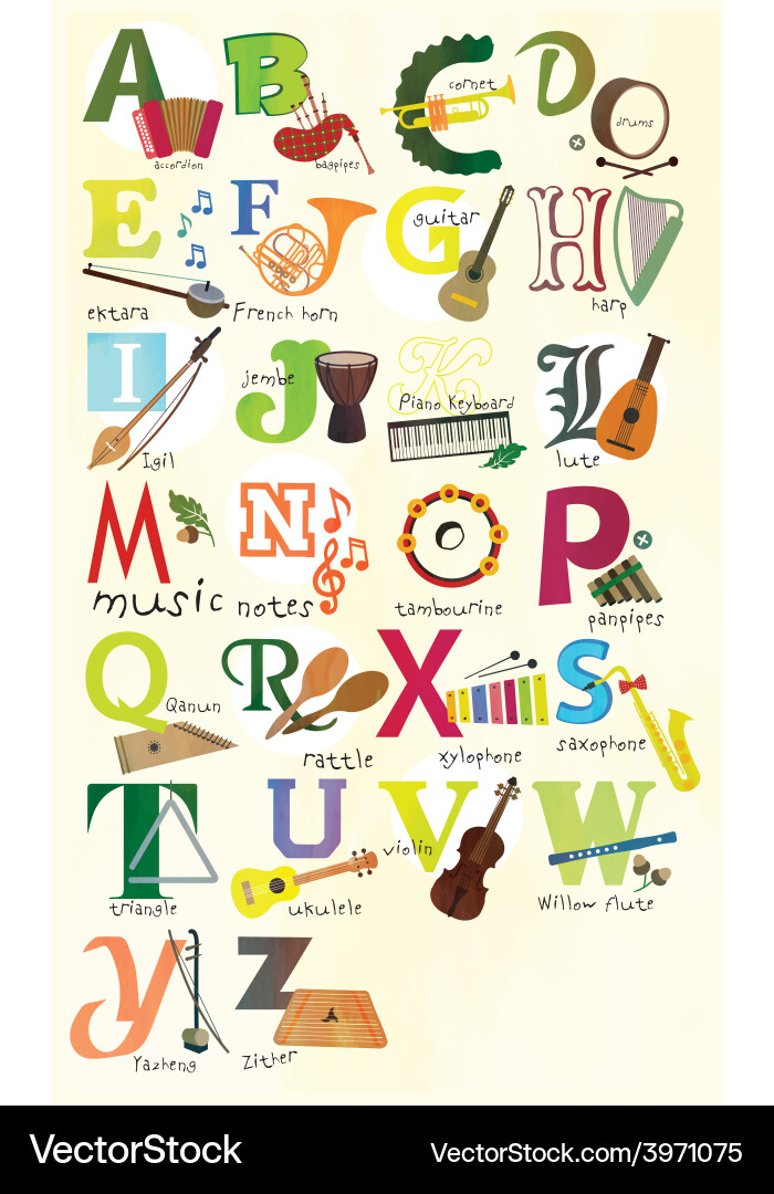 Classical musical instruments alphabet Royalty Free Vector