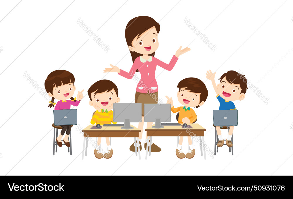 Teacher and kids learning computer technology Vector Image