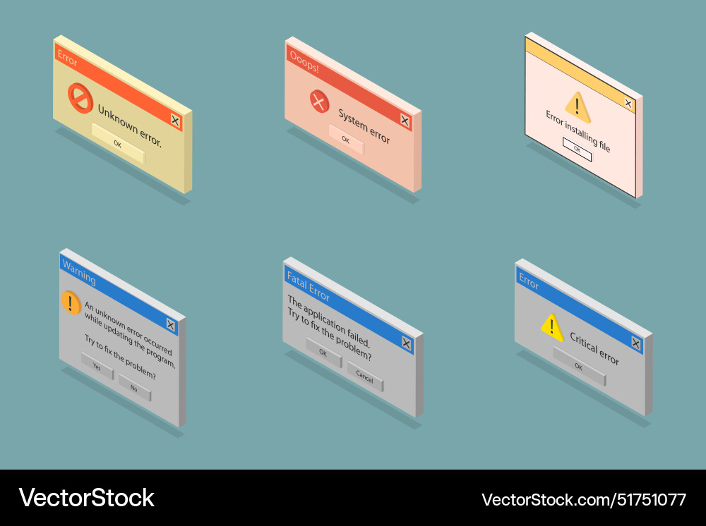 3d isometric flat set of retro error Royalty Free Vector