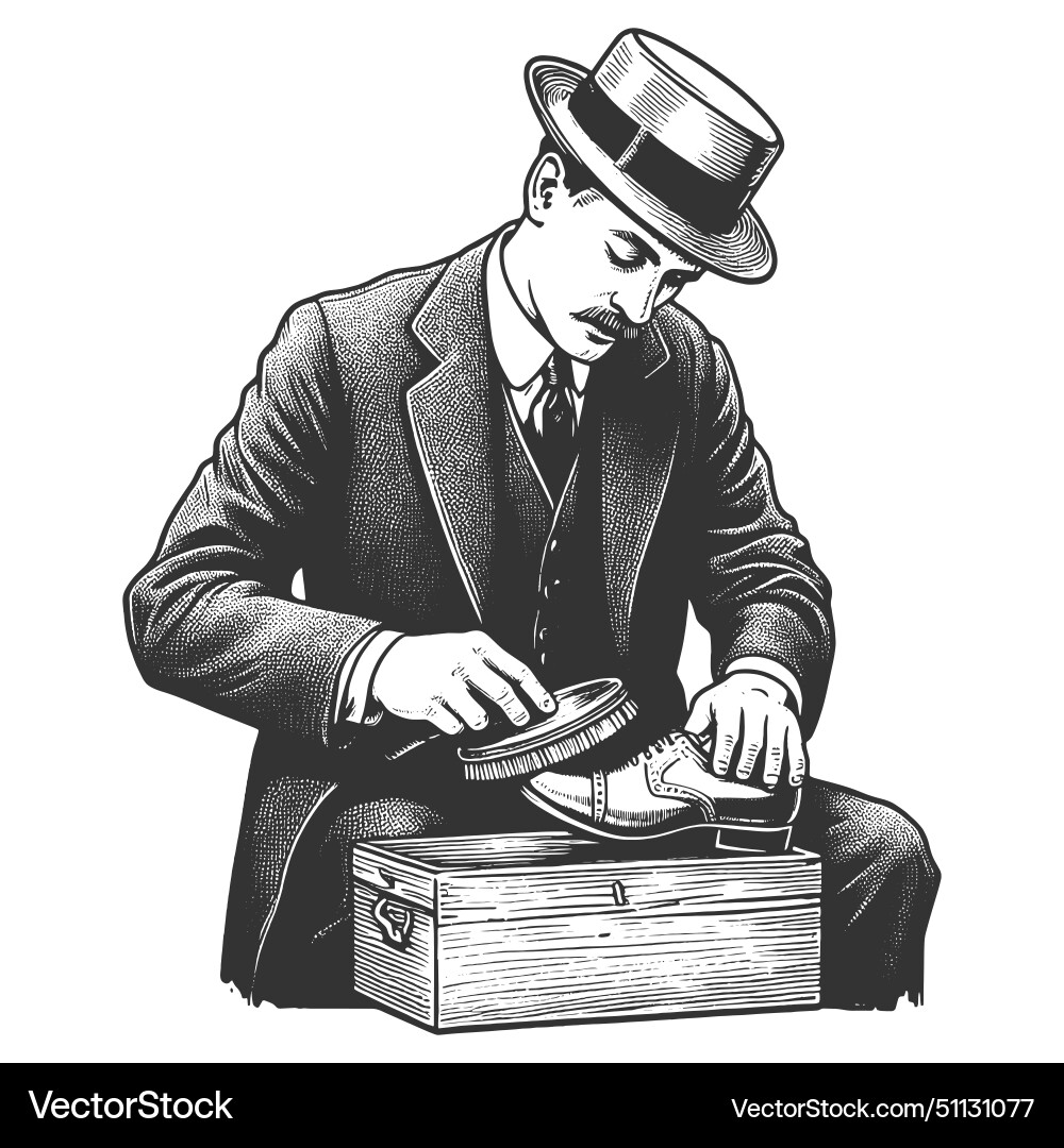 Vintage gentleman shoe shining engraving Vector Image