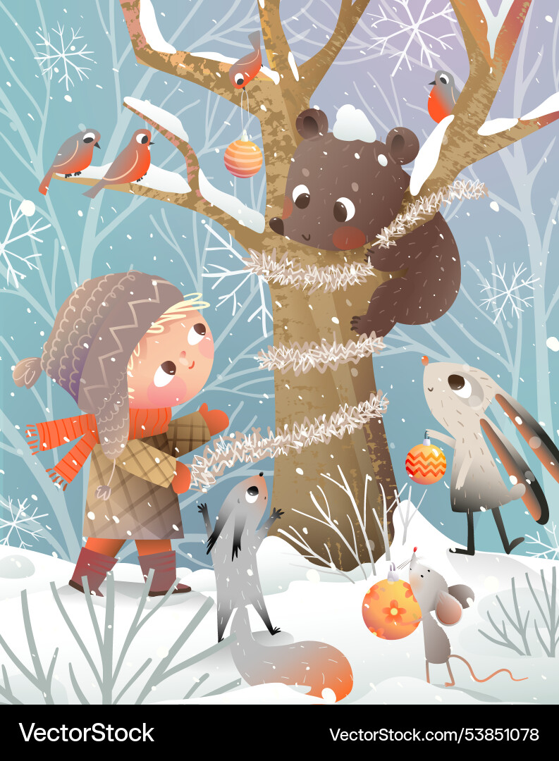 Animals decorate christmas tree in winter forest Vector Image