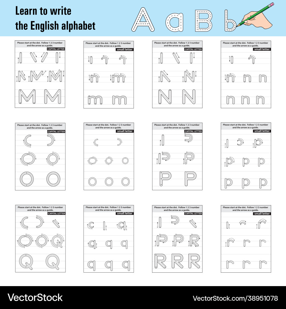 English Alphabet Handwriting Practice for Kids Vector Image