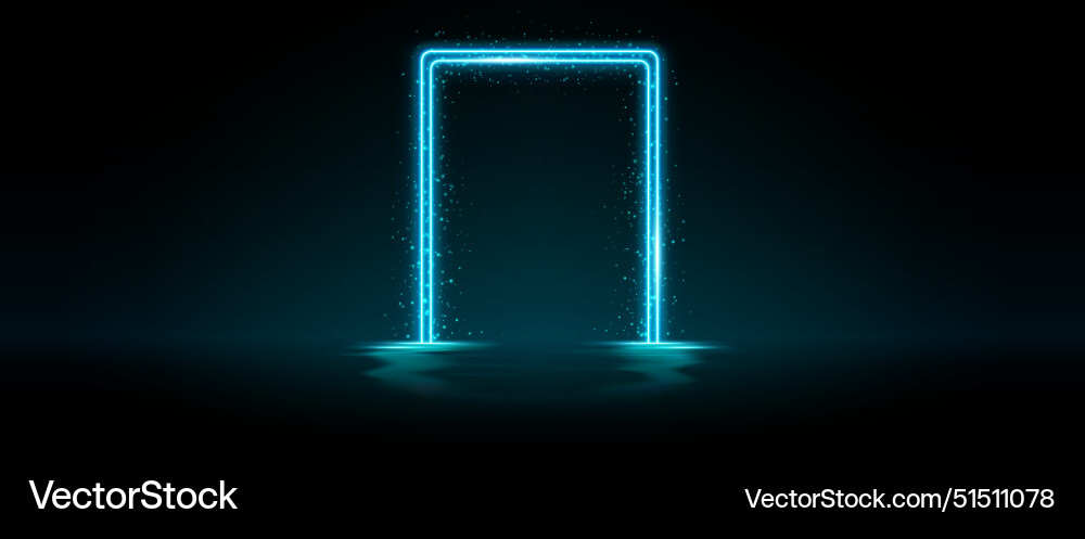 Neon door frame with sparkles and water surface Vector Image