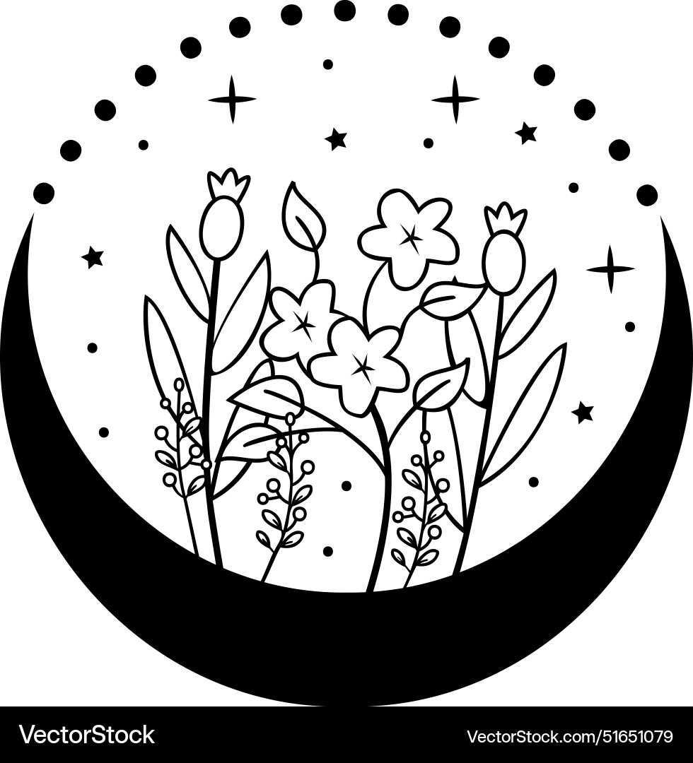 A cosmic floral garden thrives within crescent Vector Image