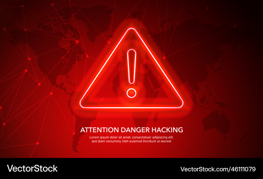 Attention danger hacking neon symbol on red map Vector Image Attention danger hacking neon symbol on red map Vector Image