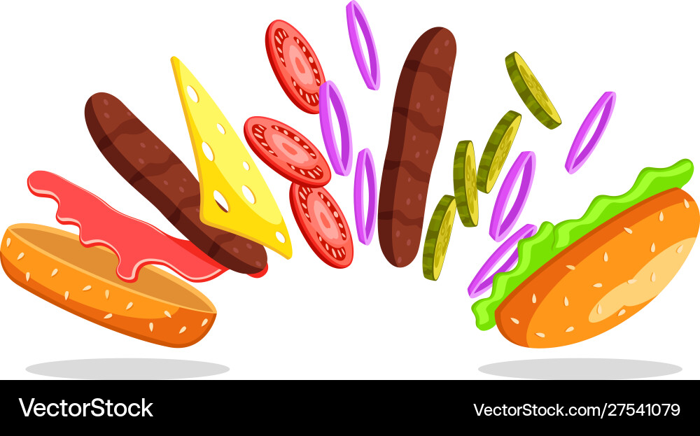 Burger with cutlets and vegetables flying Vector Image
