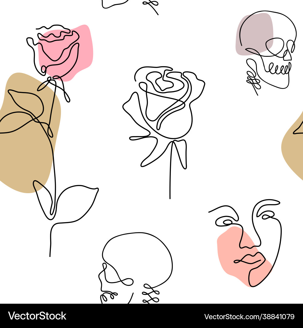One line art style rose flowers and faces pattern Vector Image