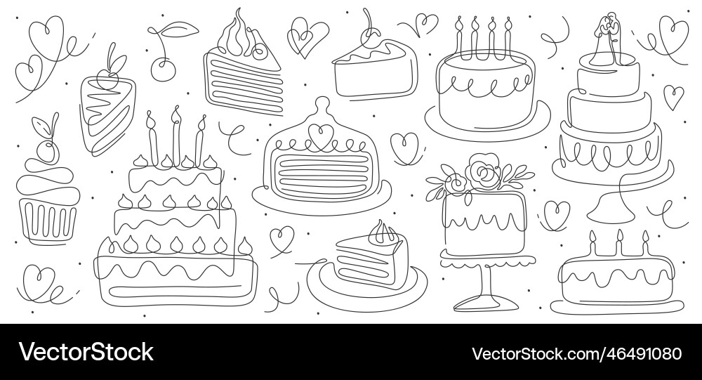 Birthday cakes in line art continuous arts Vector Image