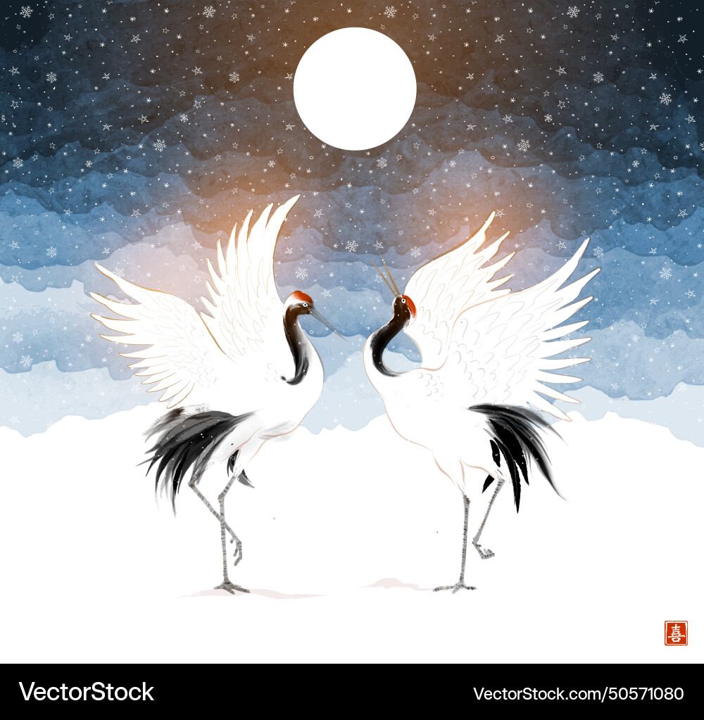 Dancing Cranes - Japanese Art Royalty Free Vector Image