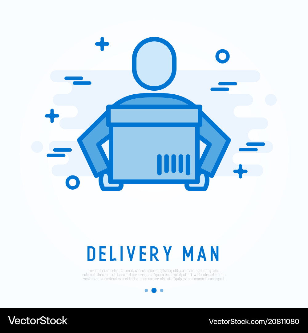 Delivery man with package in hands thin line icon Vector Image
