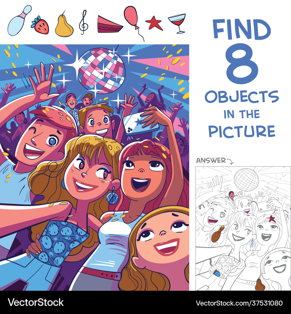 Find 8 objects in picture young people take Vector Image
