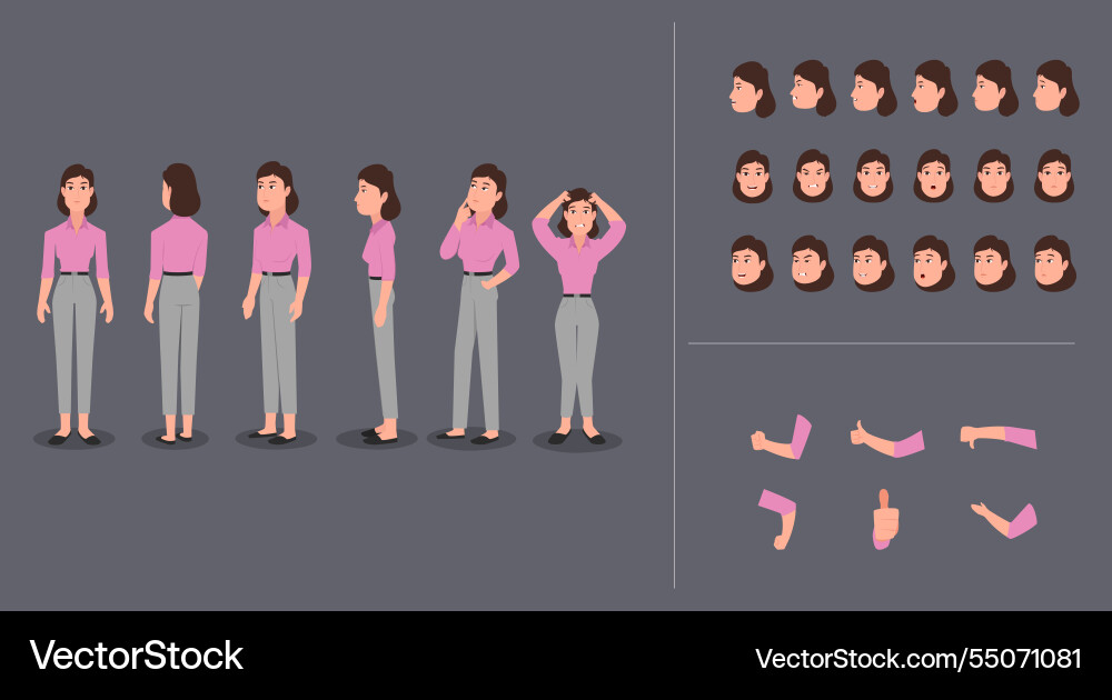 A woman character design model sheet Royalty Free Vector