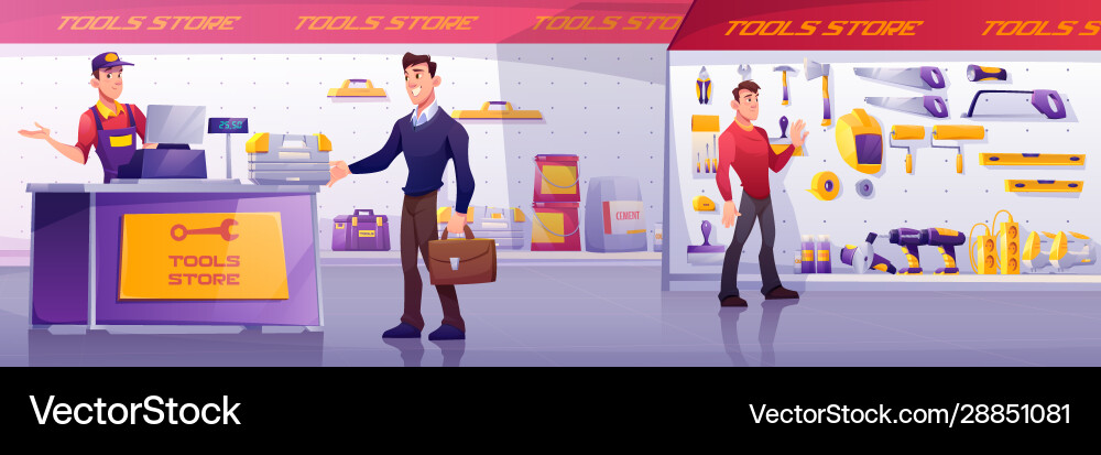 Customers and salesman in construction tool store Vector Image
