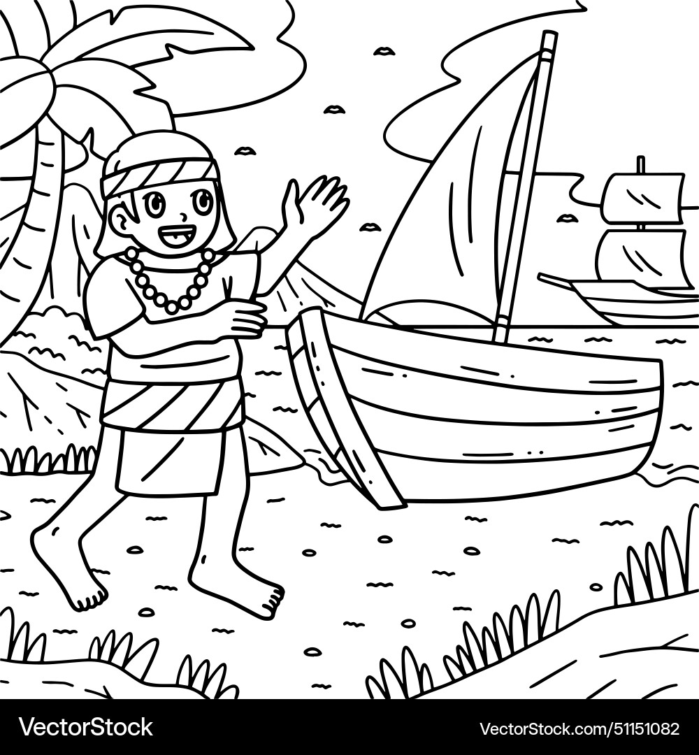 Columbus Tag native Mann und Boot Färbung Seite Vektorbild