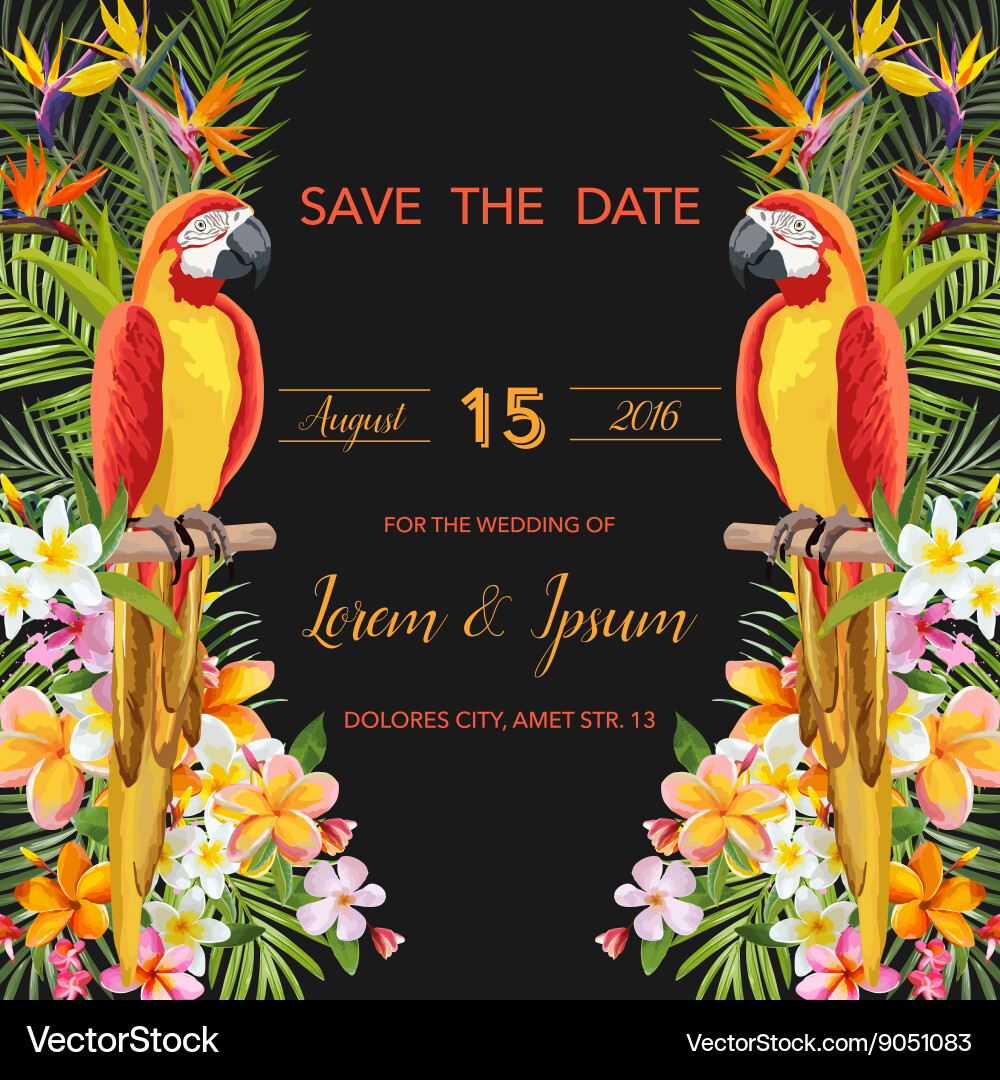 Wedding card tropical flowers parrot bird Vector Image