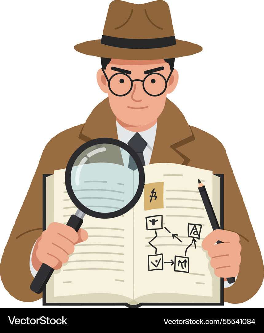 Detective examining clues with magnifying glass Vector Image